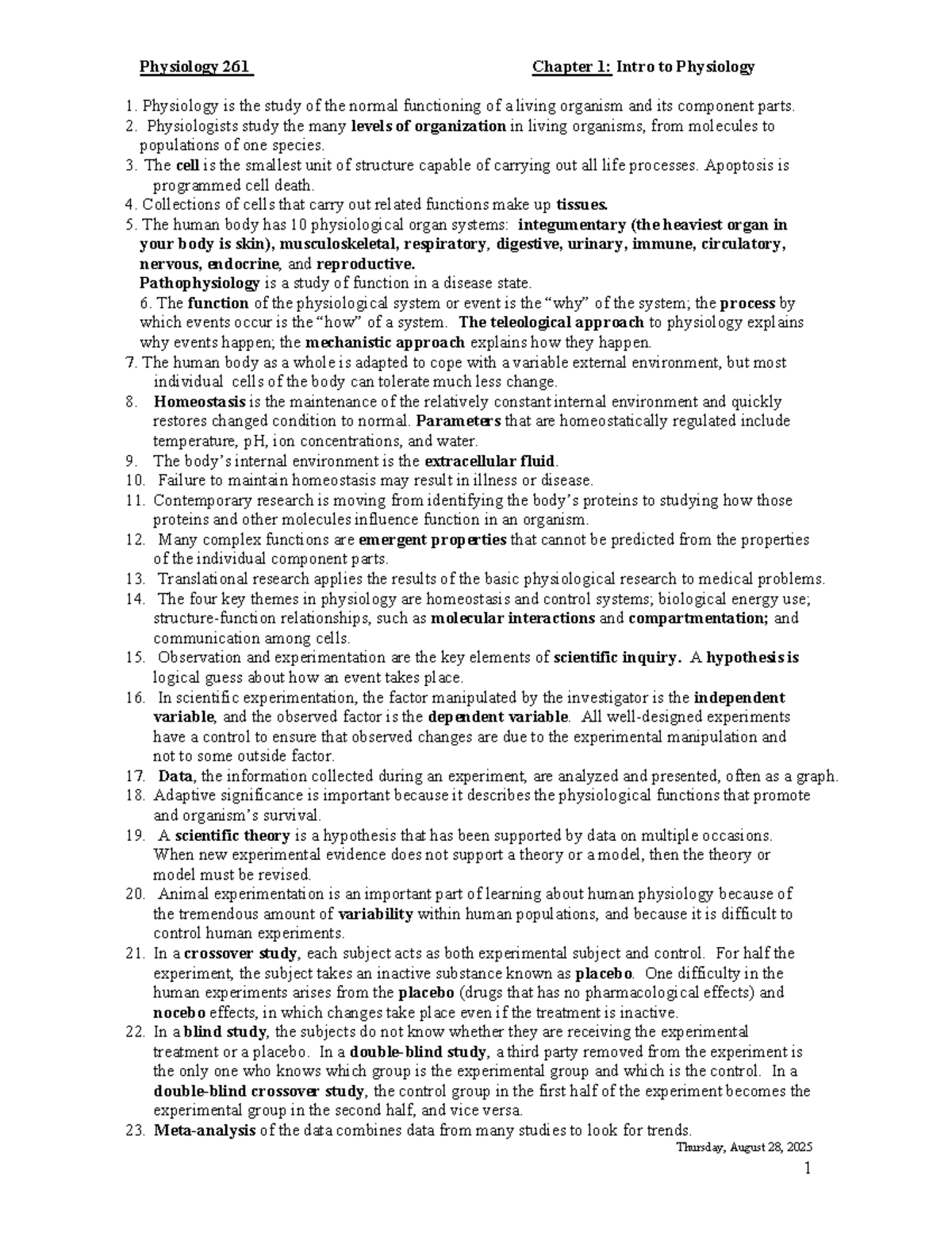Physiology 261 Chapter 1: Introduction to Physiology Overview - Studocu
