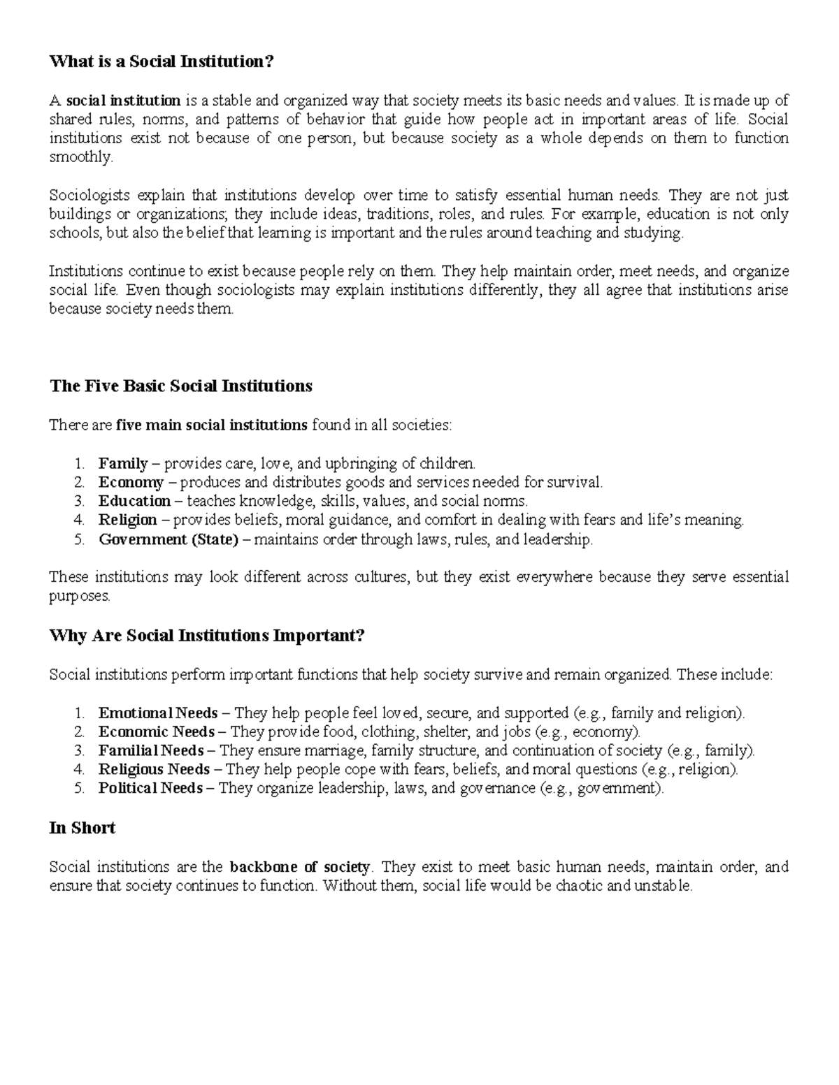 Social Institutions: Understanding Their Role in Society - Studocu