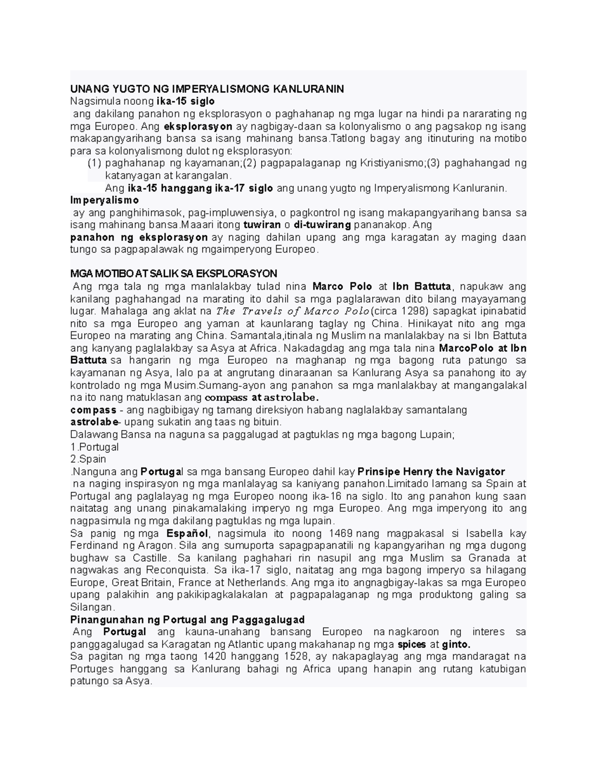 Paggalugad at Pagtuklas ng mga Bansang Kanluranin: Unang Yugto ng ...