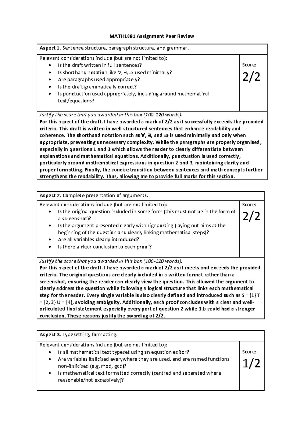 MATH1081 Assignment Peer Review: Structure, Arguments, and Formatting ...
