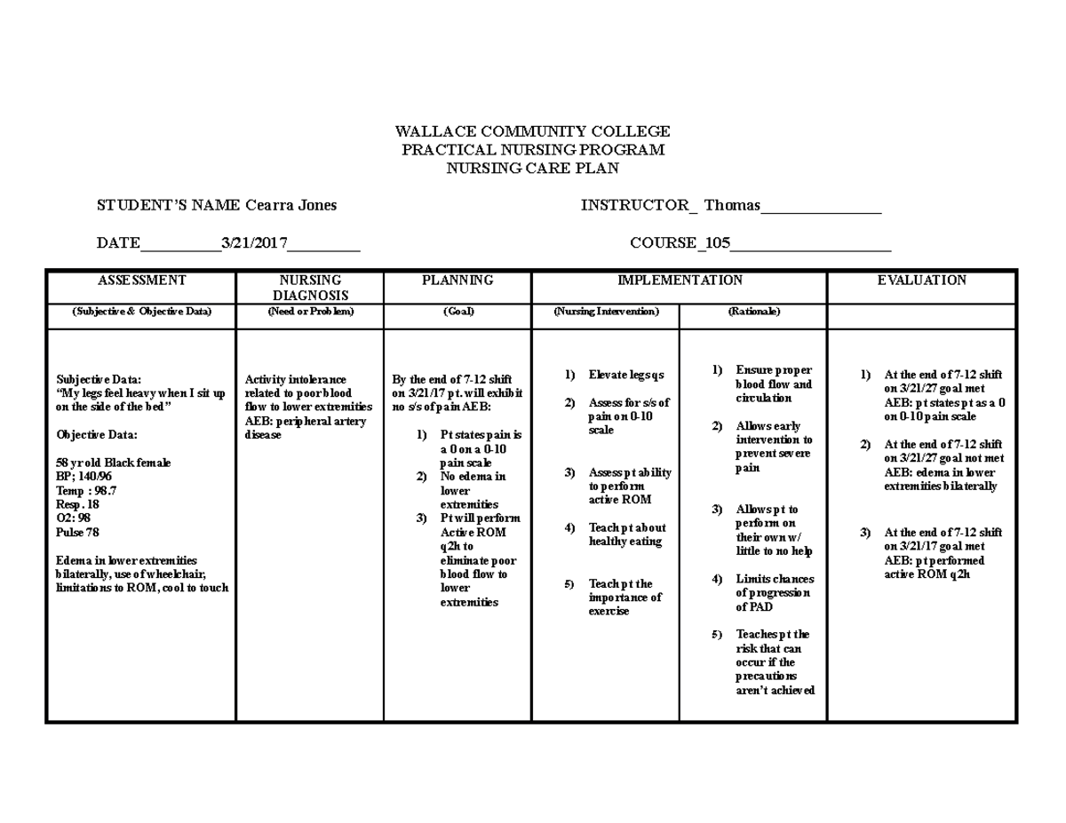 New care plan nur 105 - Care plan example - med surg - WALLACE ...