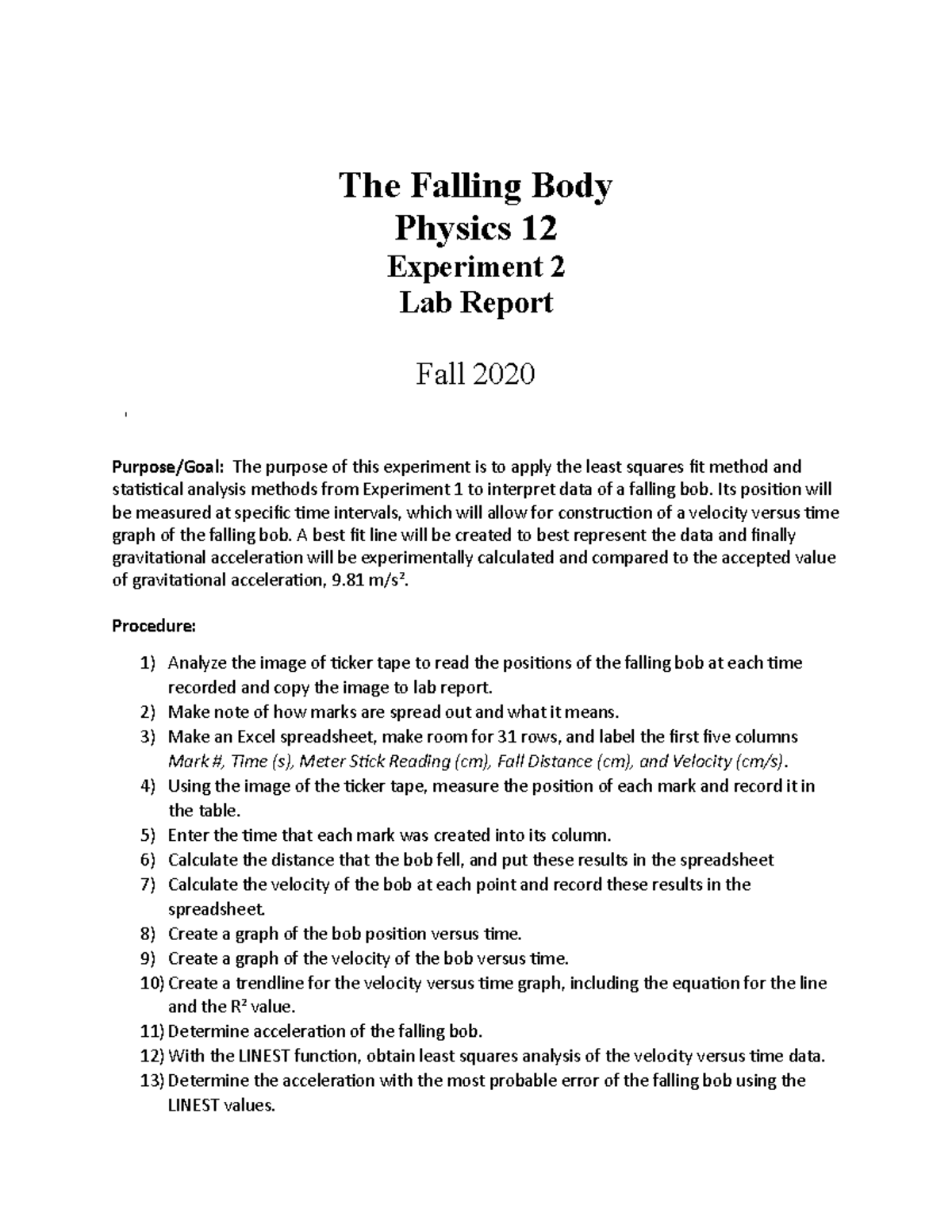 Physics 12 Lab Experiment 2: Analyzing Free Fall and Gravity - Studocu