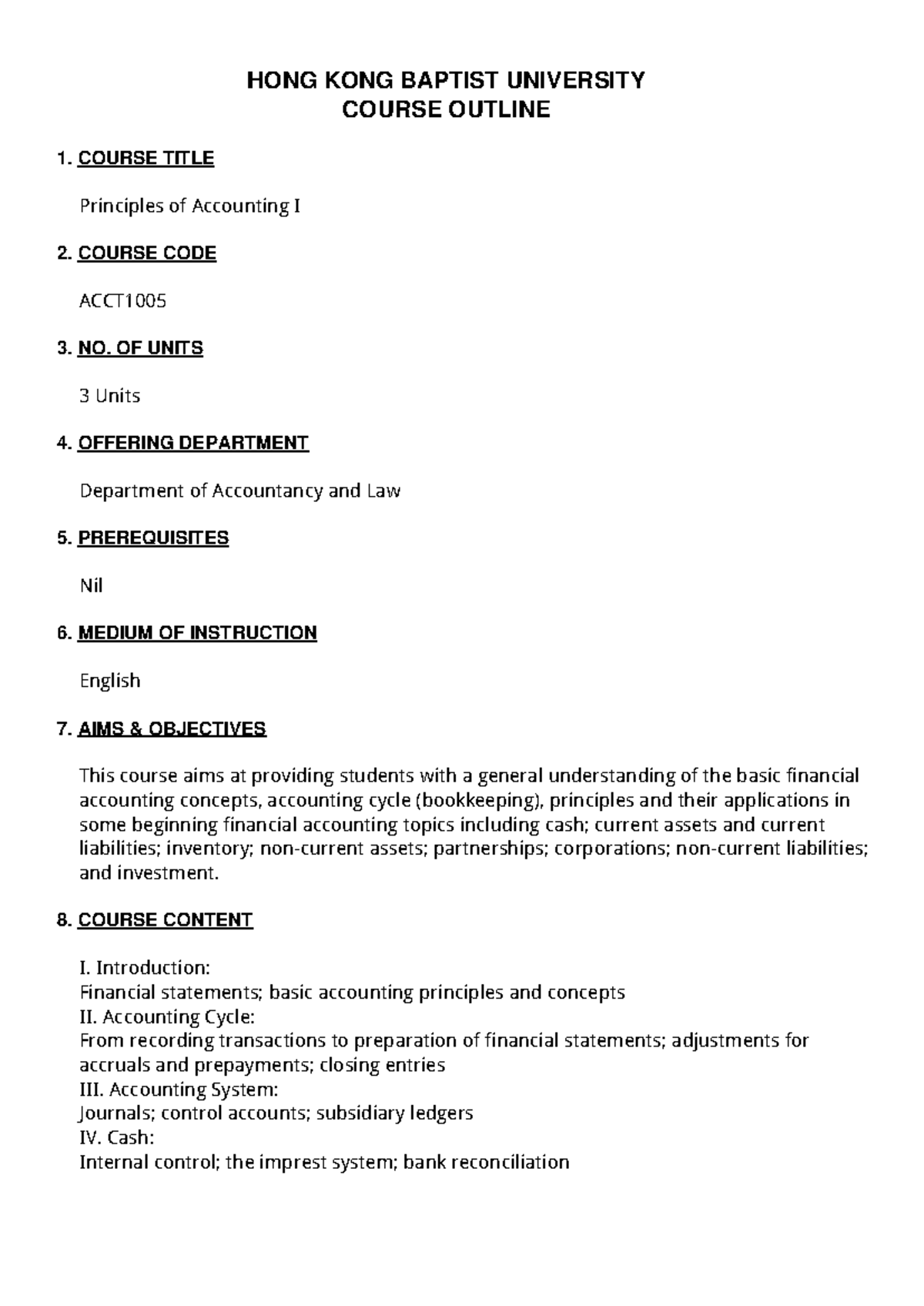 ACCT1005 - Principles of Accounting I Course Syllabus - Studocu