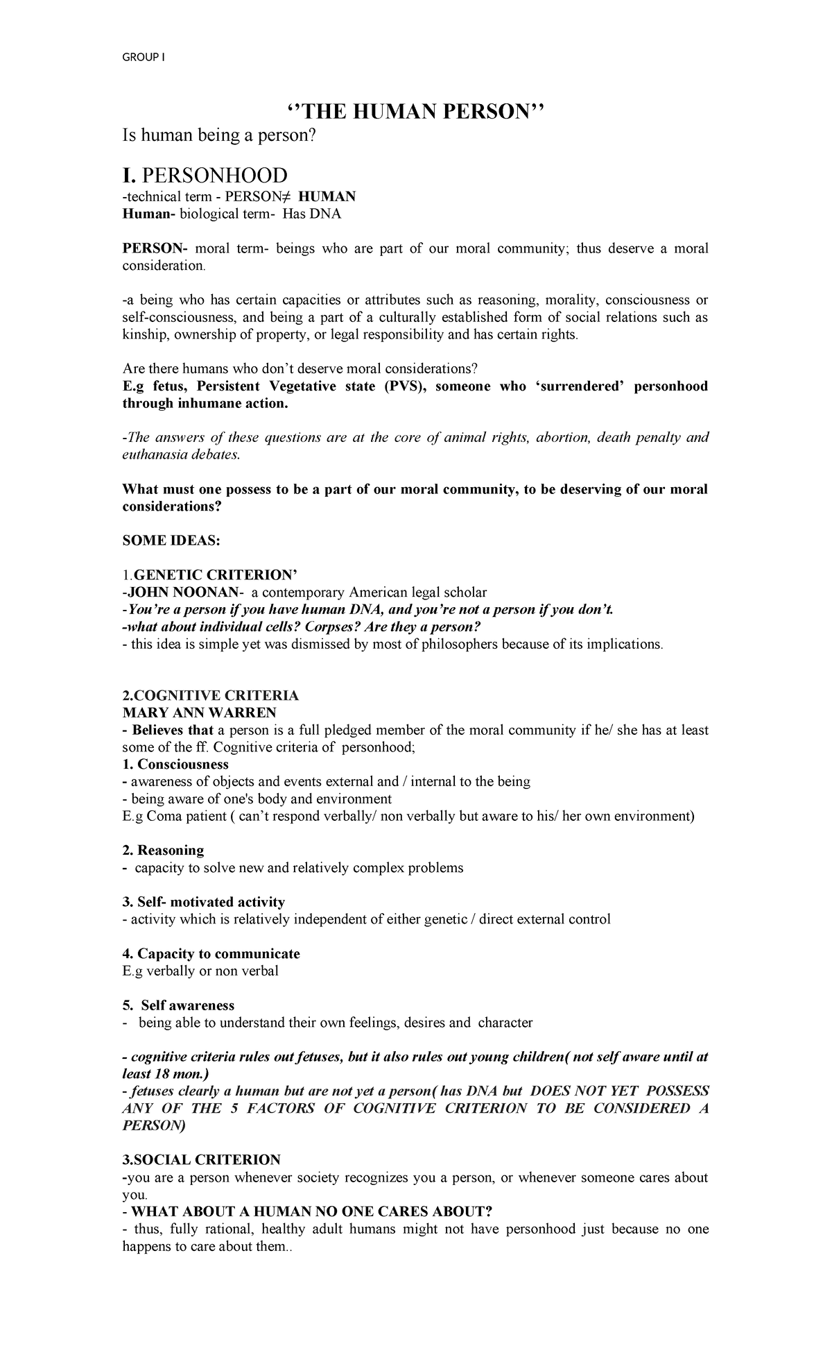 GROUP I: Understanding Human Personhood and Moral Considerations - Studocu