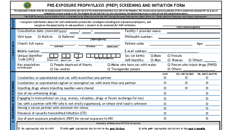 PrEP Screening and Initiation Form (DOH) - HIV Prevention Guide - Studocu