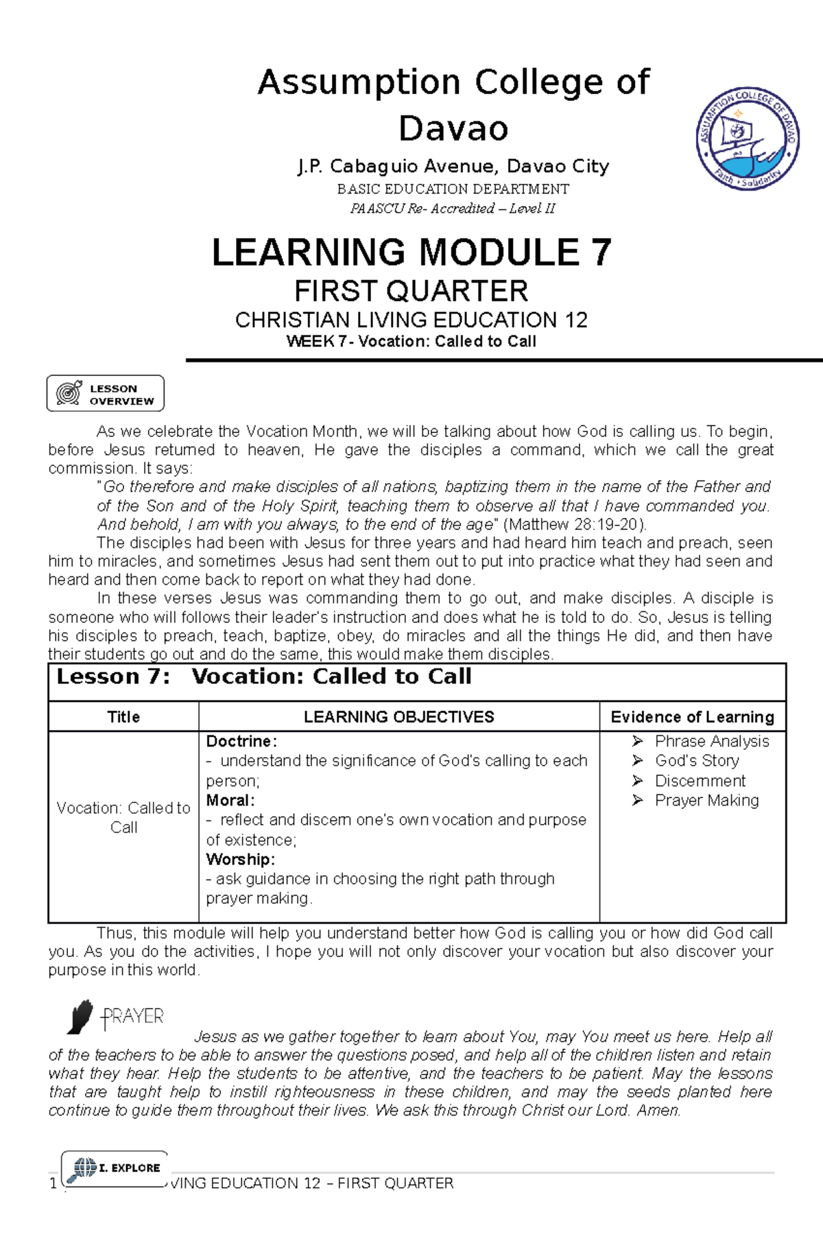 Module 4 Vocation - LEARNING MODULE 7 FIRST QUARTER CHRISTIAN LIVING ...