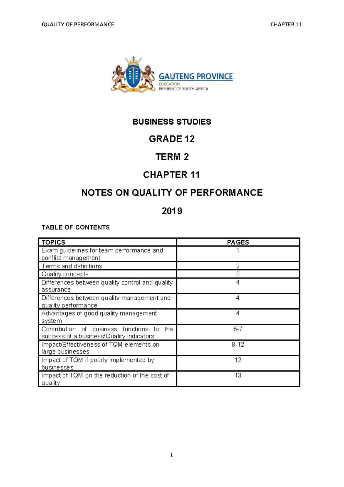 Quality of Performance: Chapter 11 Business Studies Grade 12 Term 2 ...