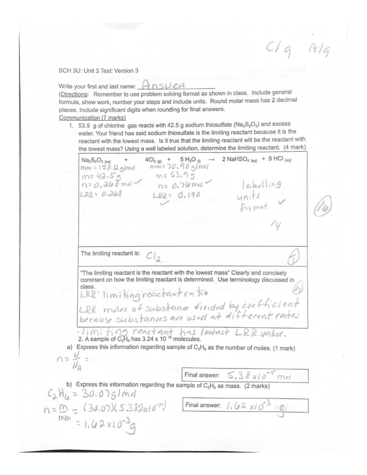 Alg SCH 3U: Unit 3 Test Answers - Version 3 - Studocu