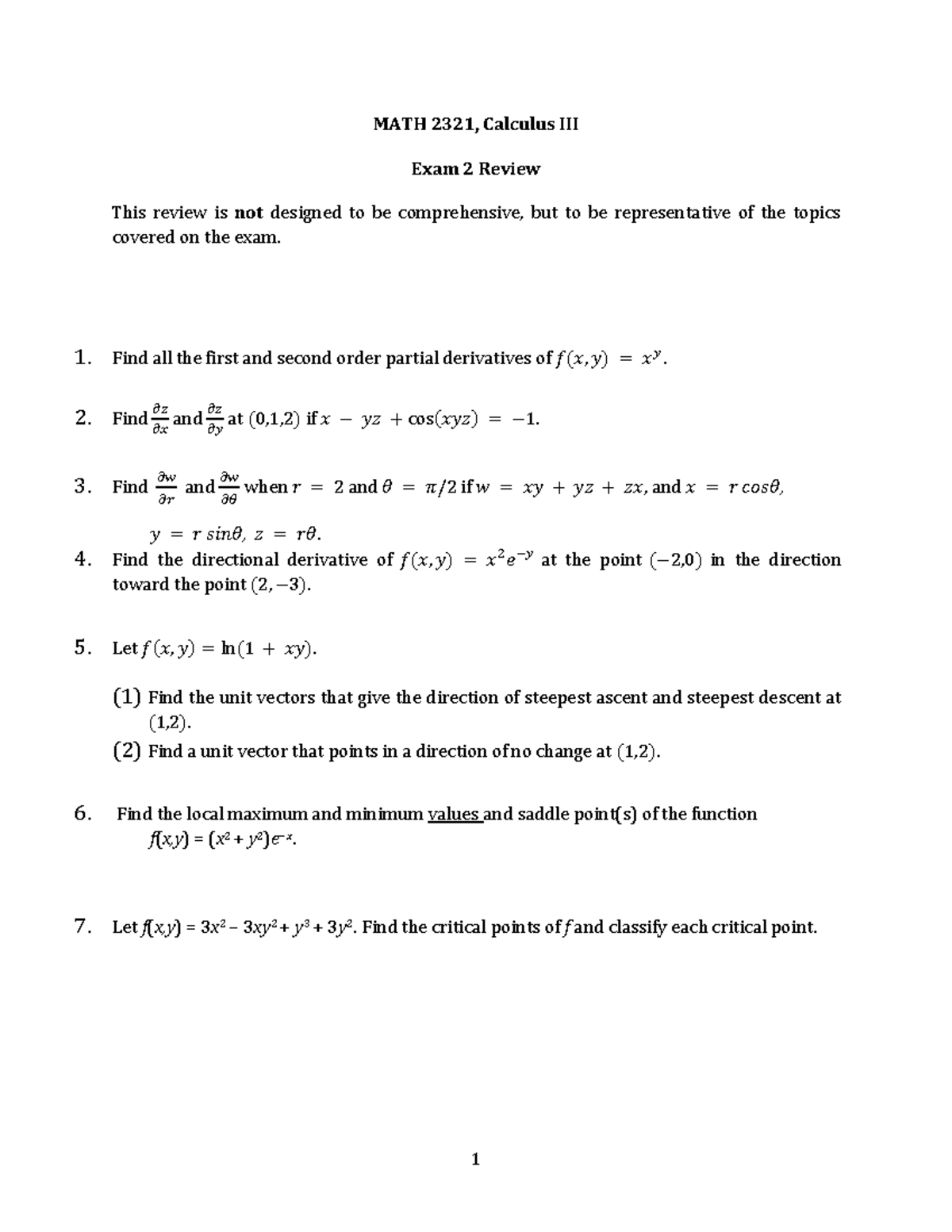 MATH 2321 - Exam 2 Review Problems - Fall 2023 - MATH 2321 , Calculus ...