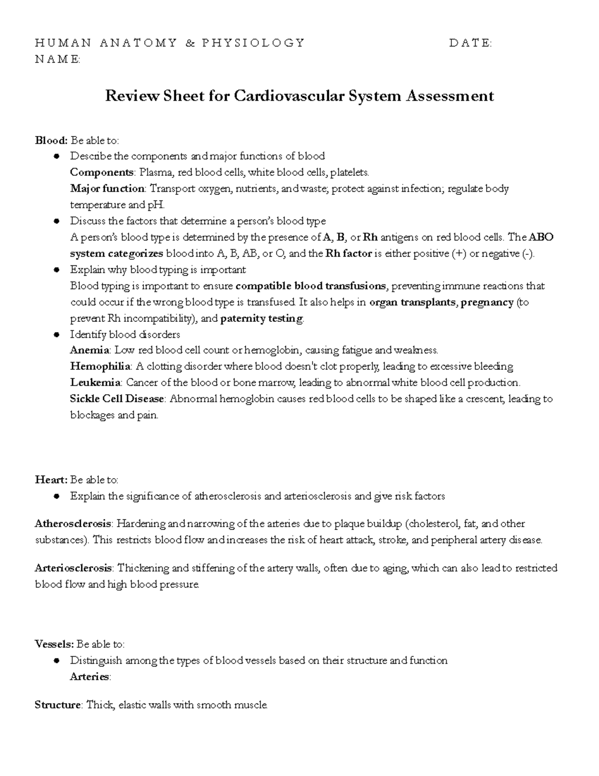 Cardiovascular System Review Sheet for Human Anatomy & Physiology - Studocu