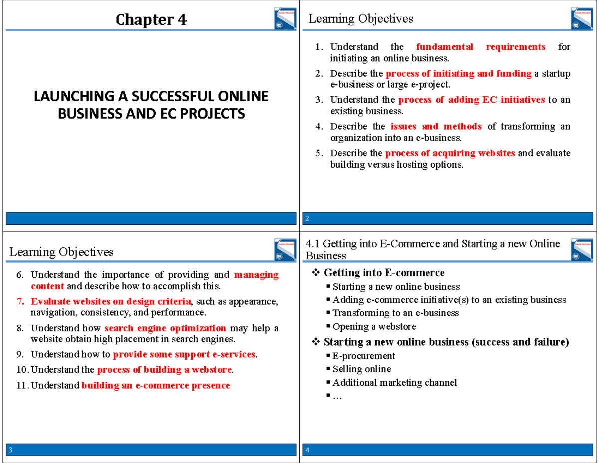 Lecture 4: Key Learning Objectives for Online Business Success - Studocu