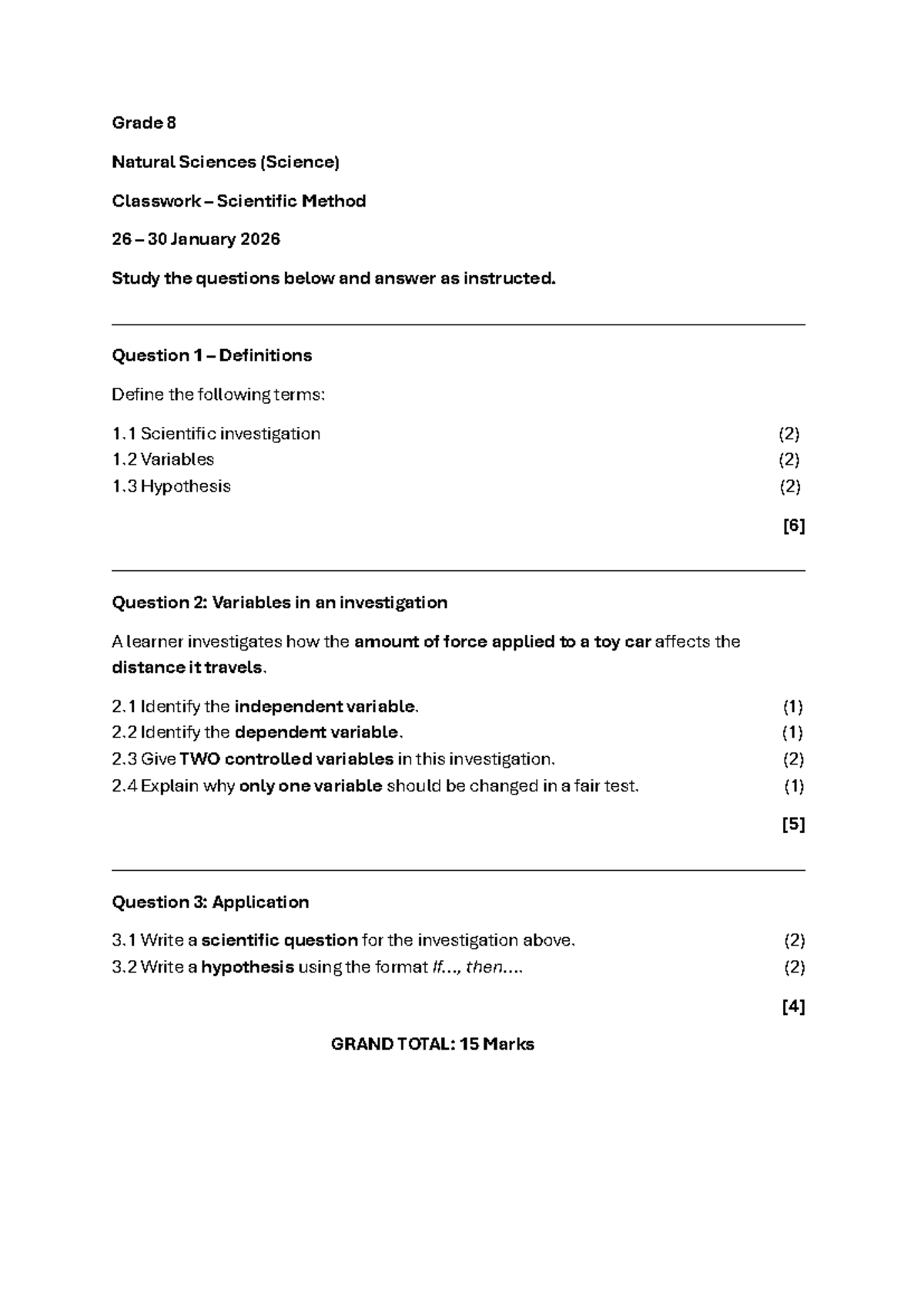 Grade 8 Natural Sciences (Science) Classwork: Scientific Method ...