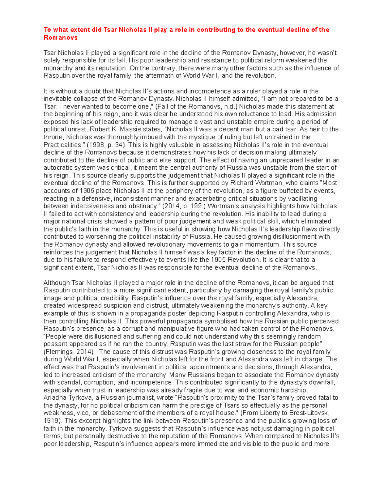 The Role of Tsar Nicholas II in the Decline of the Romanovs: An ...