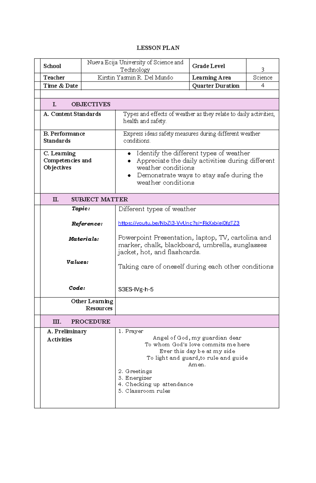 LESSON PLAN: Types of Weather for Grade 4 Science (Quarter 3) - Studocu