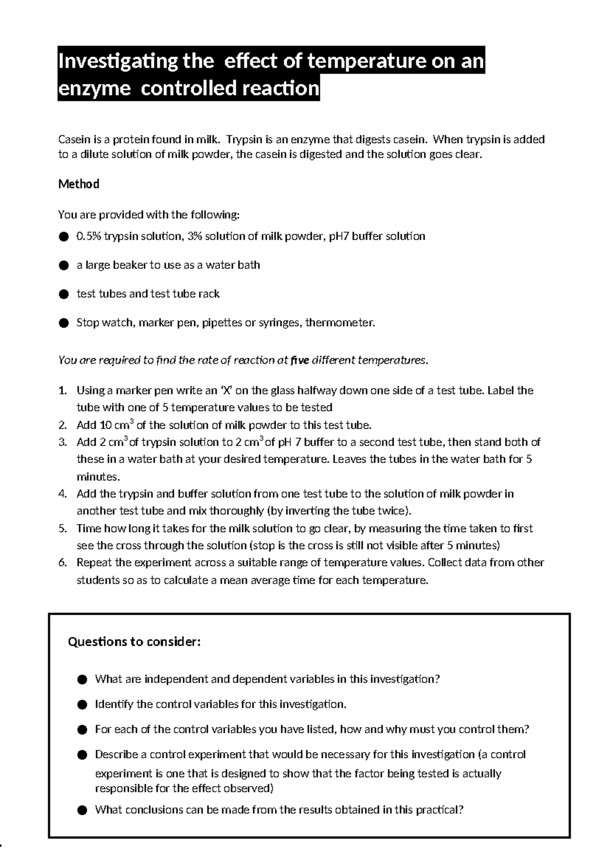 Investigating Temperature Effects on Enzyme Reaction: Practical 1 ...
