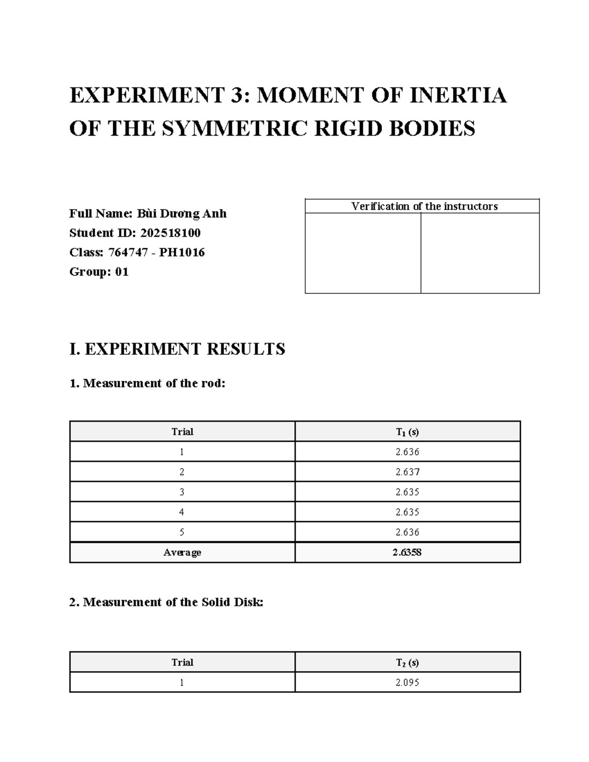 PH1016 Experiment 3: Moment of Inertia of Symmetric Rigid Bodies - Studocu