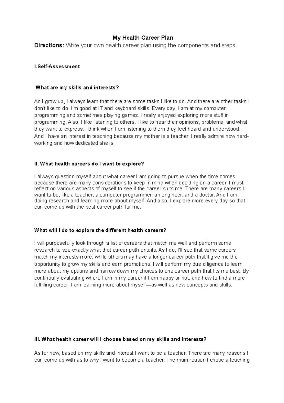 Health Career Plan: Exploring Teaching and Self-Assessment Strategies - Studocu