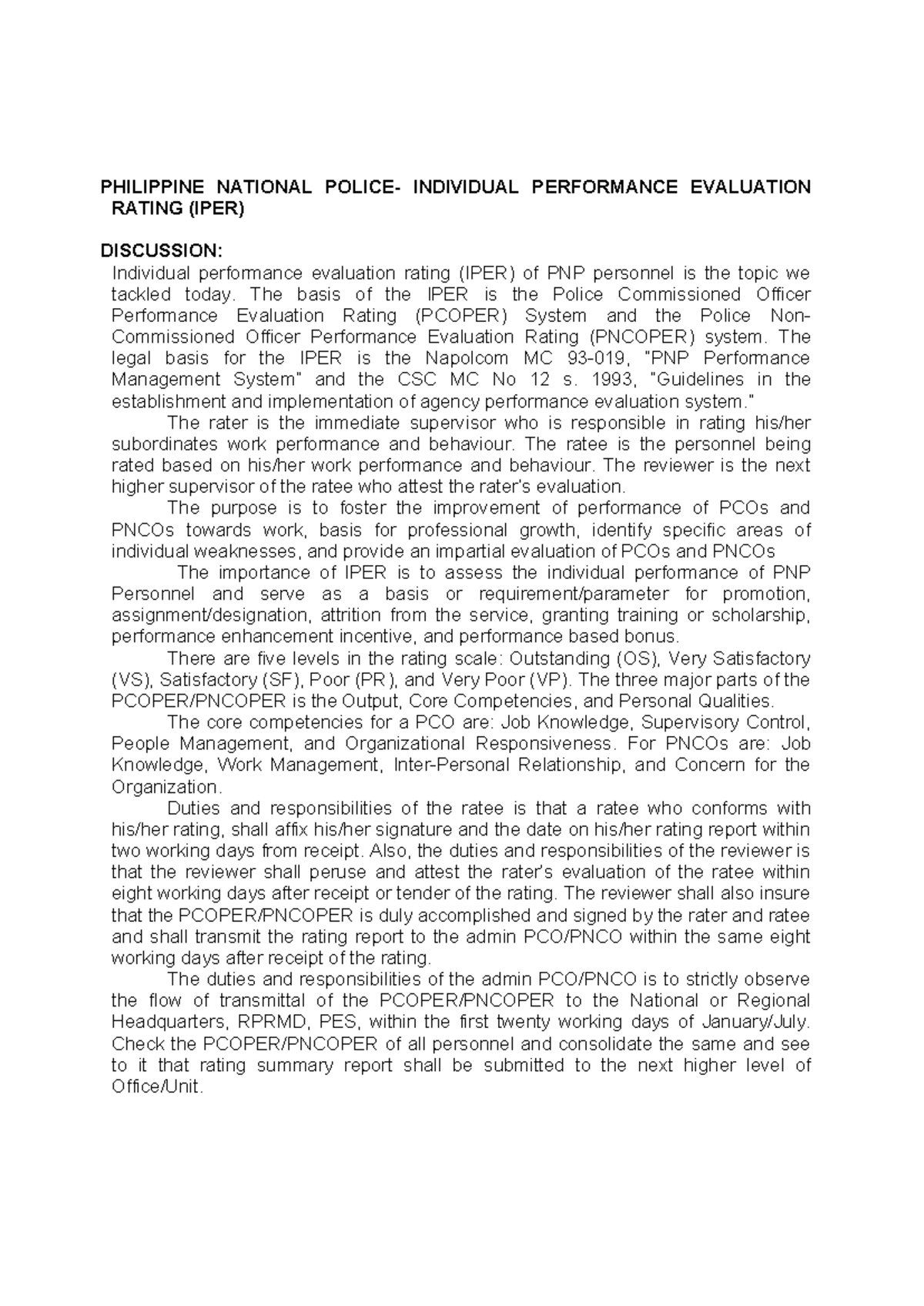 Ilide - IPER Evaluation of PNP Personnel Performance Standards - Studocu