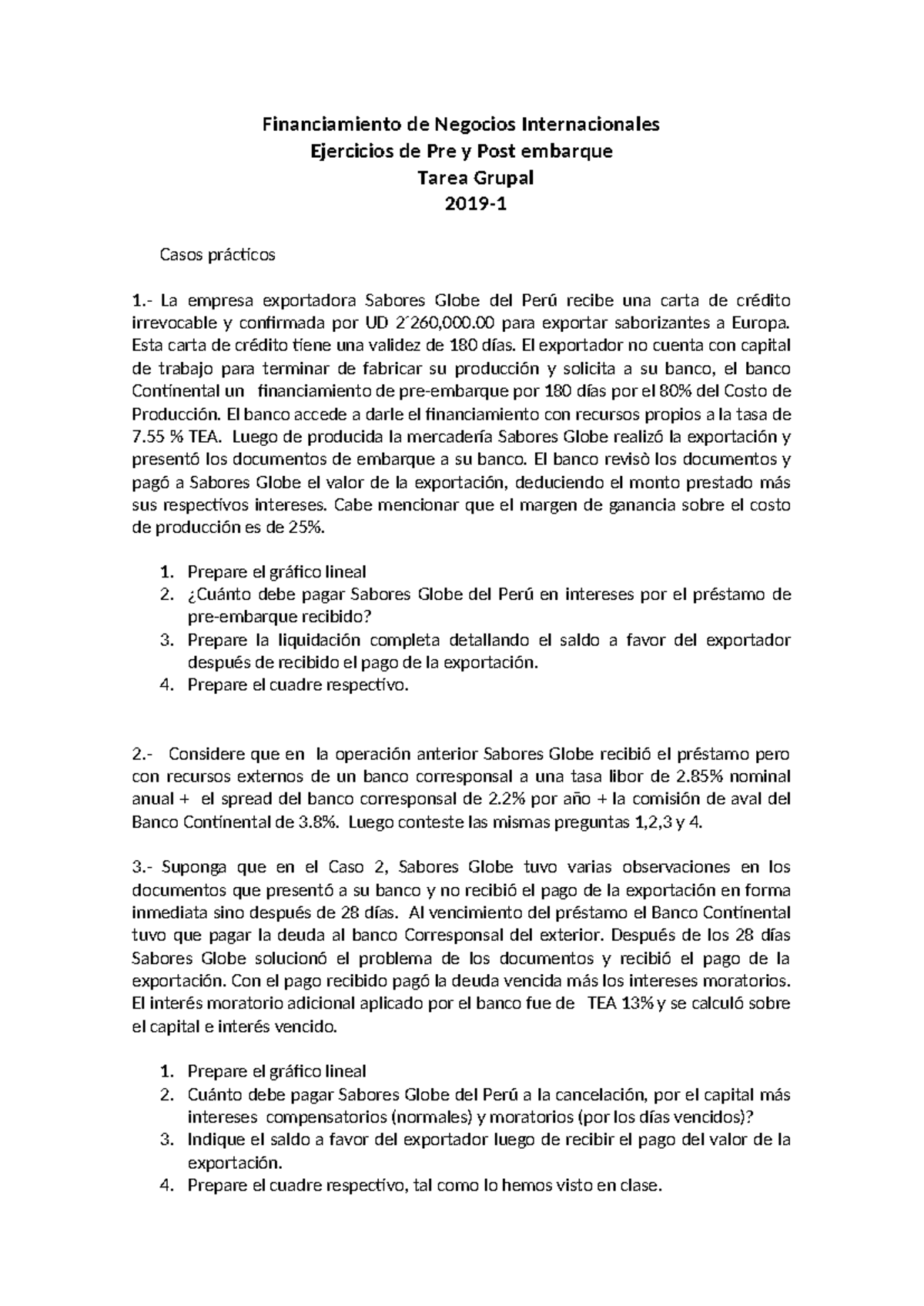 Tarea Grupal - Ejercicios de Pre y Post Embarque - Financiamiento ...