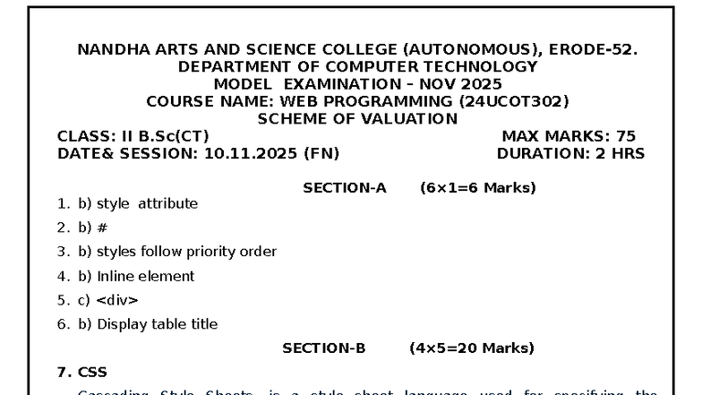Model Exam - Web Programming (24UCOT302) - II B.Sc(CT) - Nov 2025 - Studocu