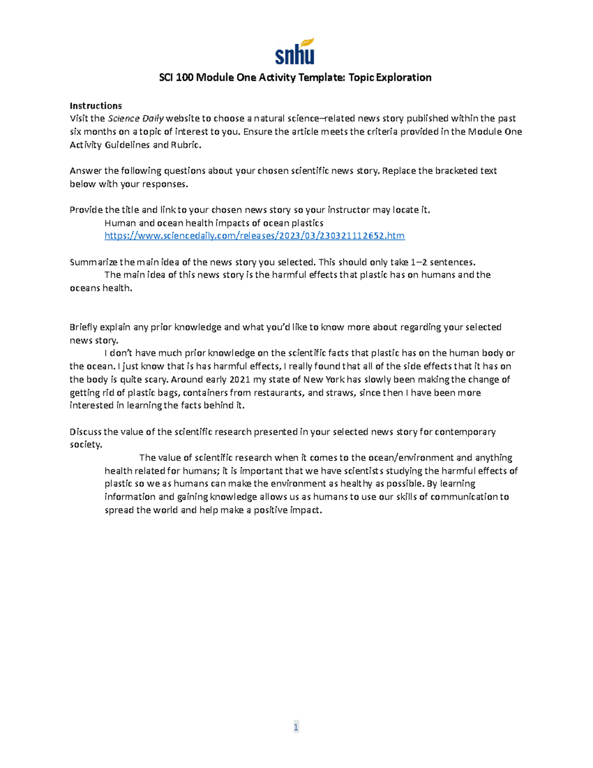 Module 1- Activity - SCI 100 Module One Activity Template: Topic ...
