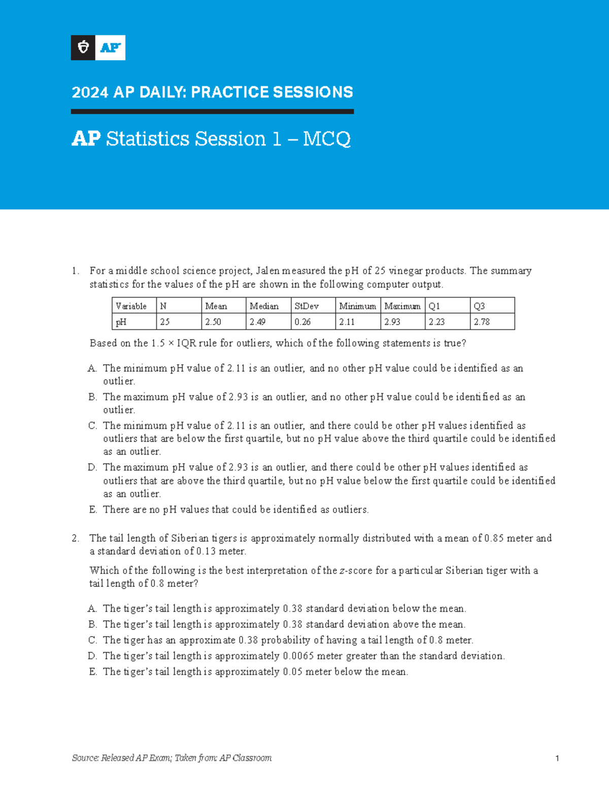AP Statistics (2024) Session 1 MCQ Worksheet - Studocu