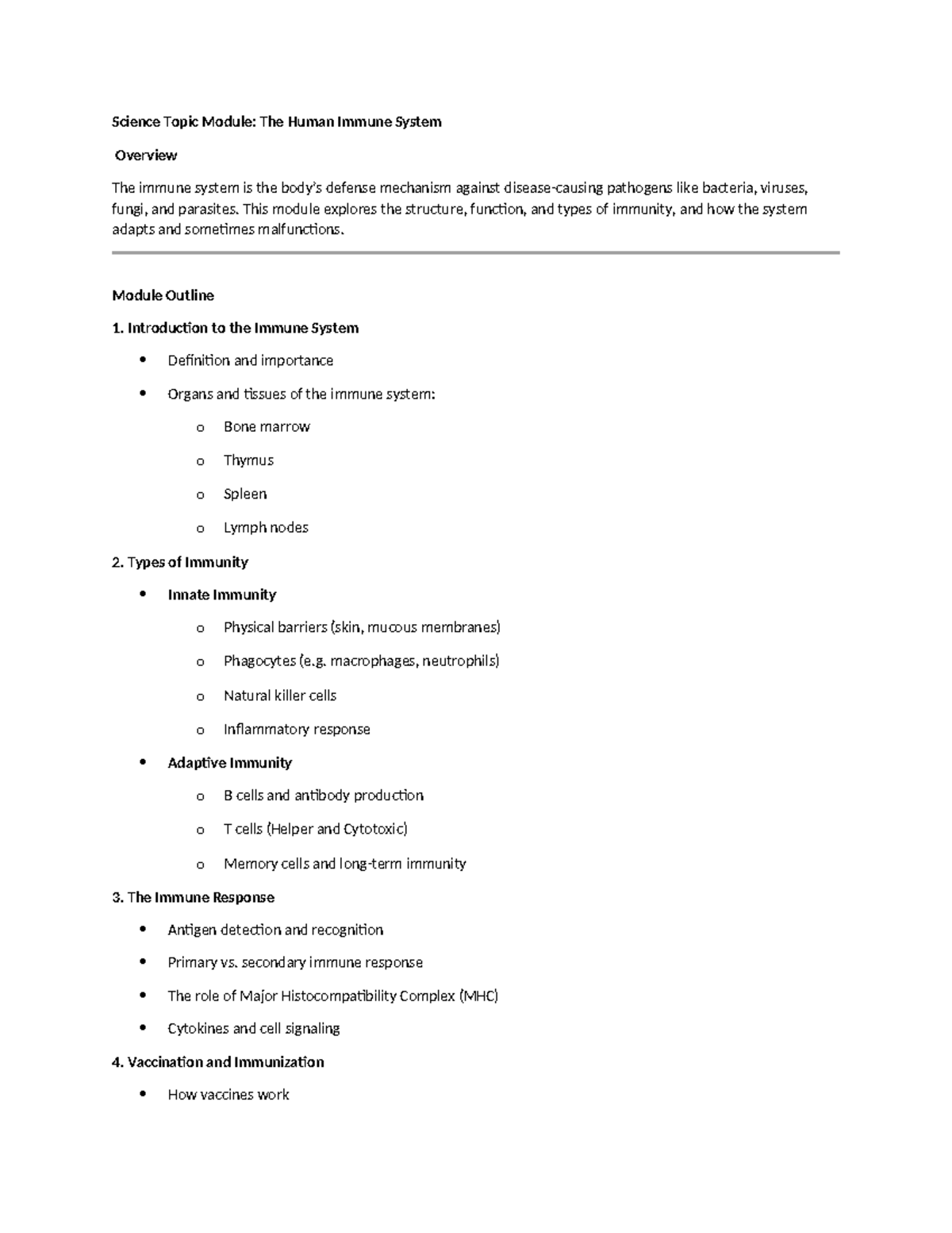 Science Topic Module: Overview of the Human Immune System - Studocu