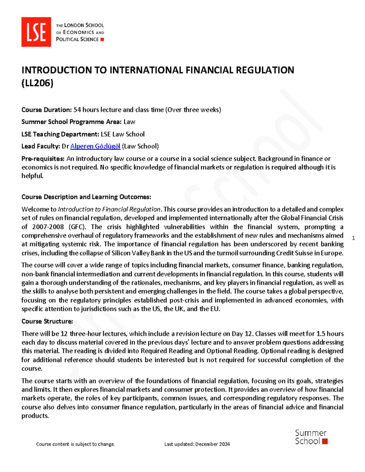 LL206 Introduction to International Financial Regulation Course Outline ...