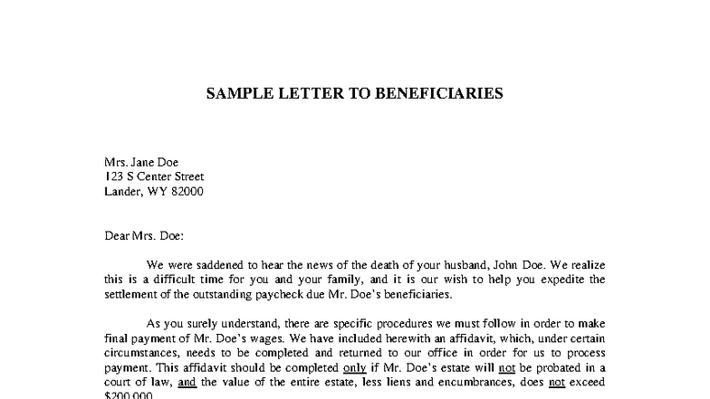 Sample Letter to Beneficiaries - SAMPLE LETTER TO BENEFICIARIES Mrs ...