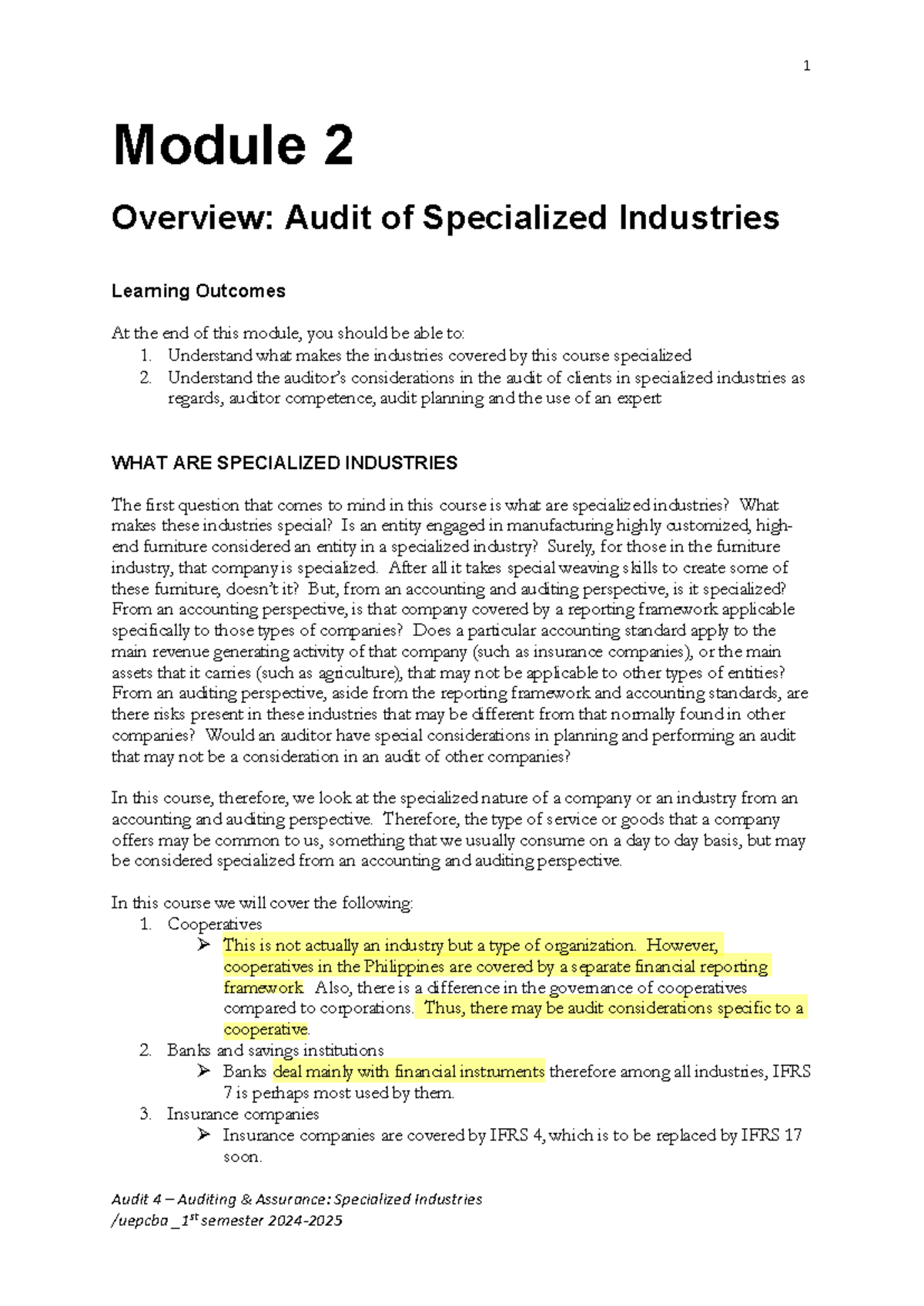Audit 4: Module 2 Overview on Specialized Industries and Learning ...