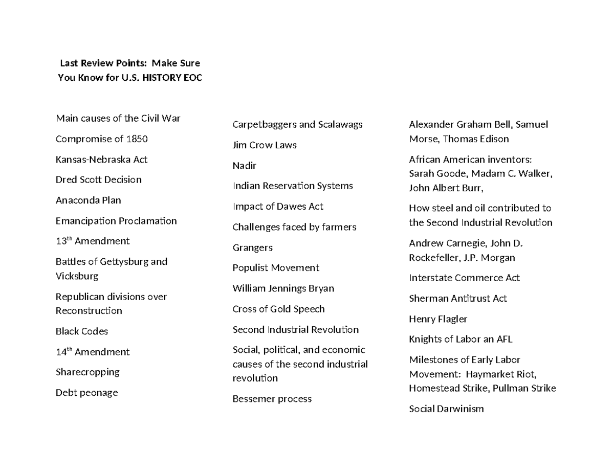 LAST EOC Review Points for U.S. HISTORY: Key Topics & Events - Studocu