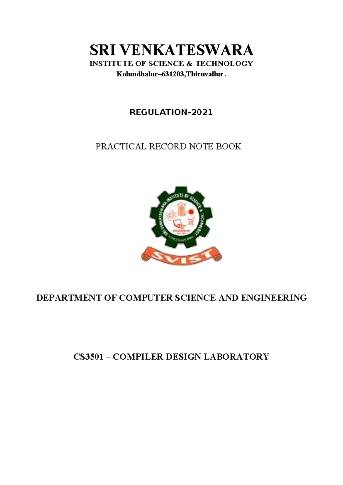CD Lab Manual: CS3501 Compiler Design Laboratory Practical Record - Studocu
