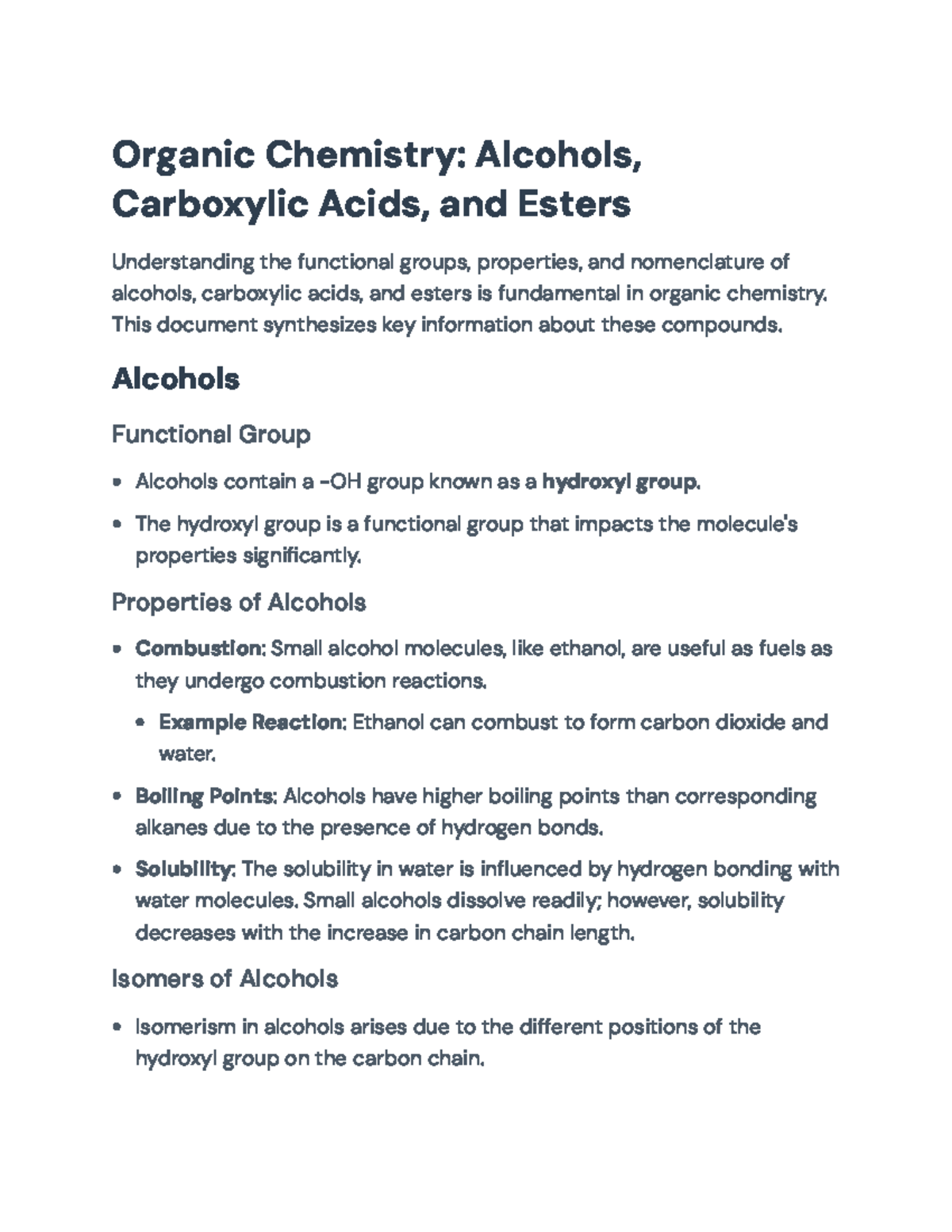 Alcohols, Carboxylic Acids, and Esters in Organic Chemistry: Key ...