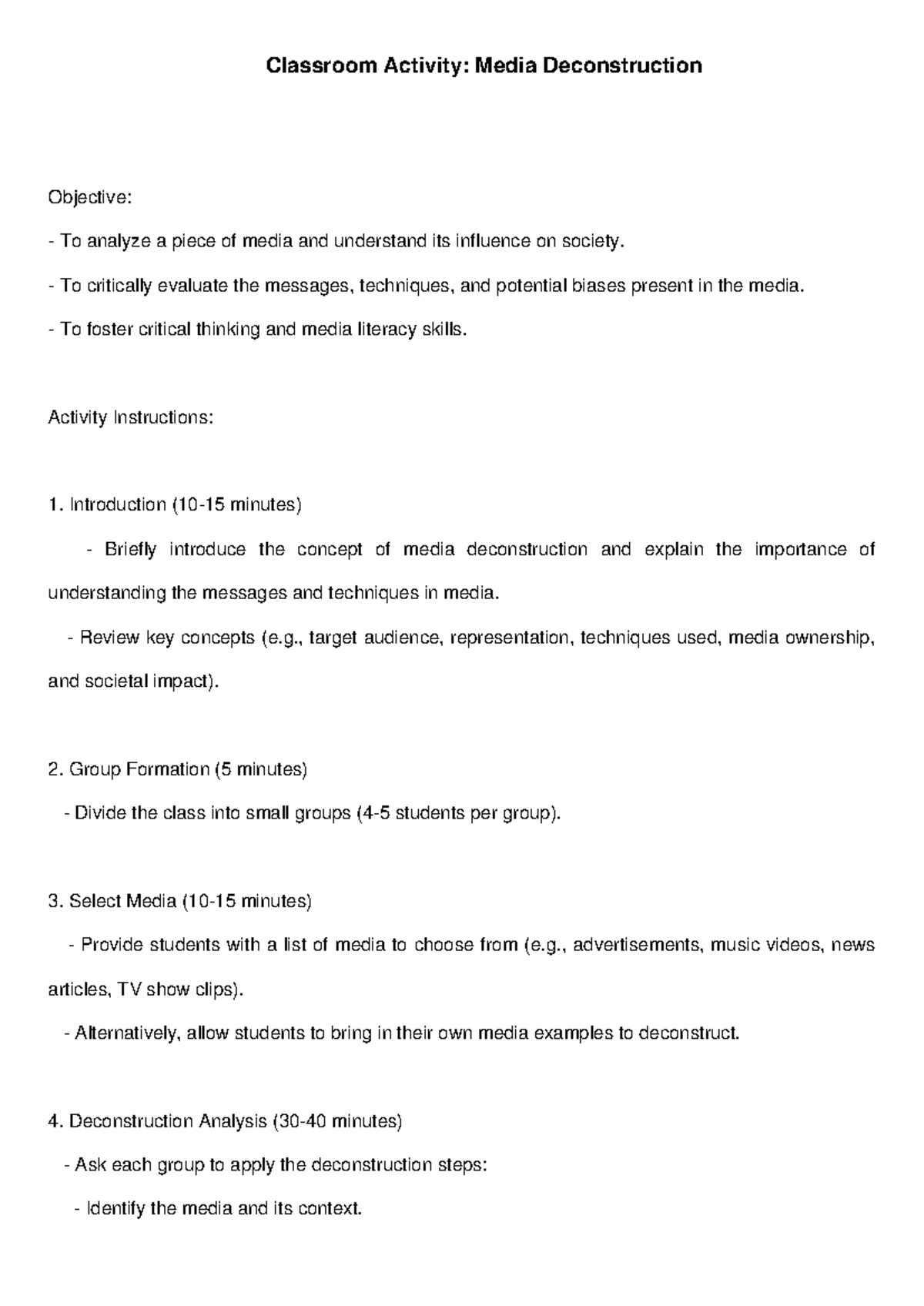 Media Deconstruction Activity - Classroom Activity: Media ...