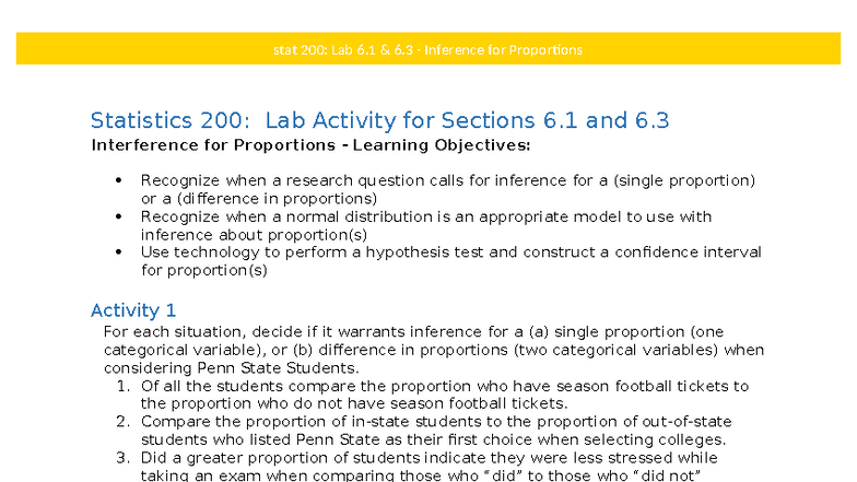 STAT 200: Lab 6.1 & 6.3 Inference for Proportions Activities - Studocu