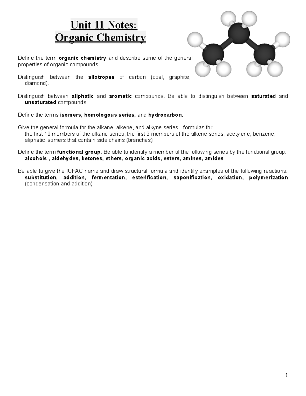 Notes - unit 11 organic - Unit 11 Notes: Organic Chemistry Define the ...
