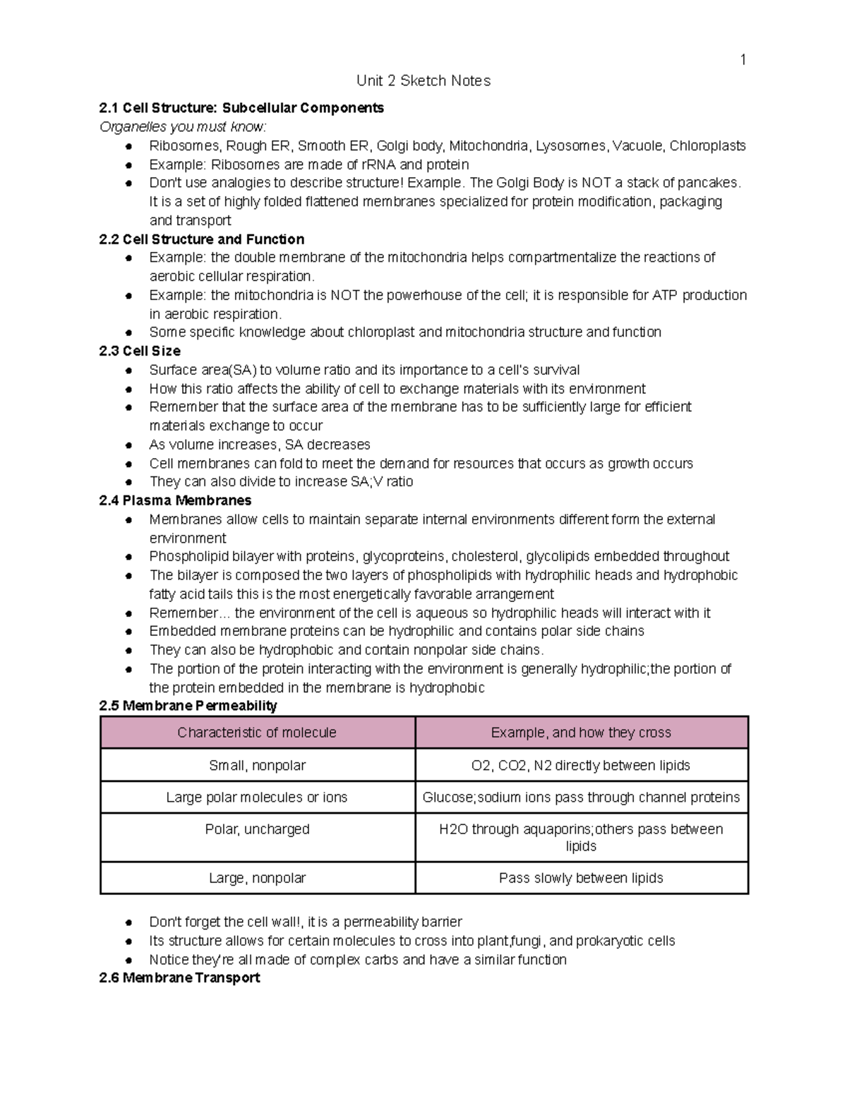 AP Biology - Unit 2: Comprehensive Sketch Notes on Cell Structure - Studocu