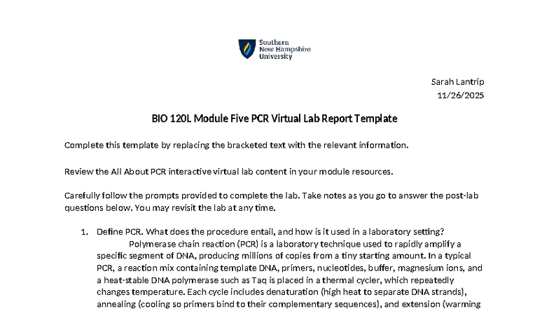 Bio 120L PCR Virtual Lab Report: Module Five Analysis - Studocu