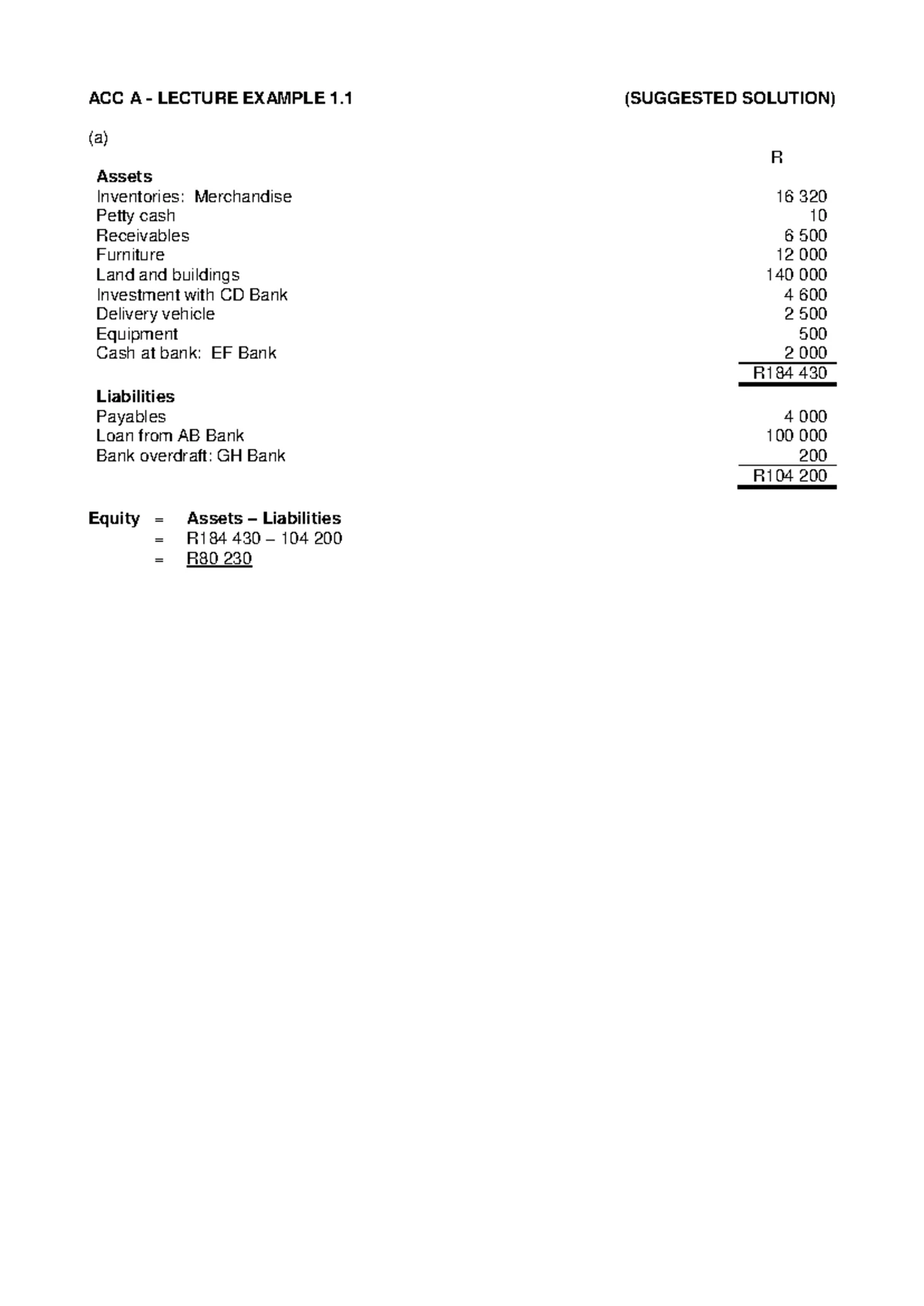 Acc A Chapter 1 Lecture Examples: Financial Position & Profit/Loss Statements - Studocu