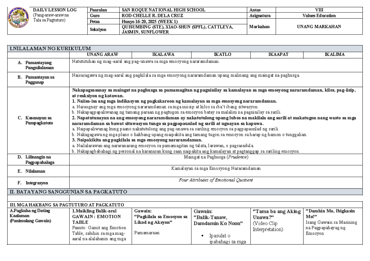 DLL VE 8 W1 Q1 - Kamalayan sa Emosyon at Paghusga sa Sarili - Studocu