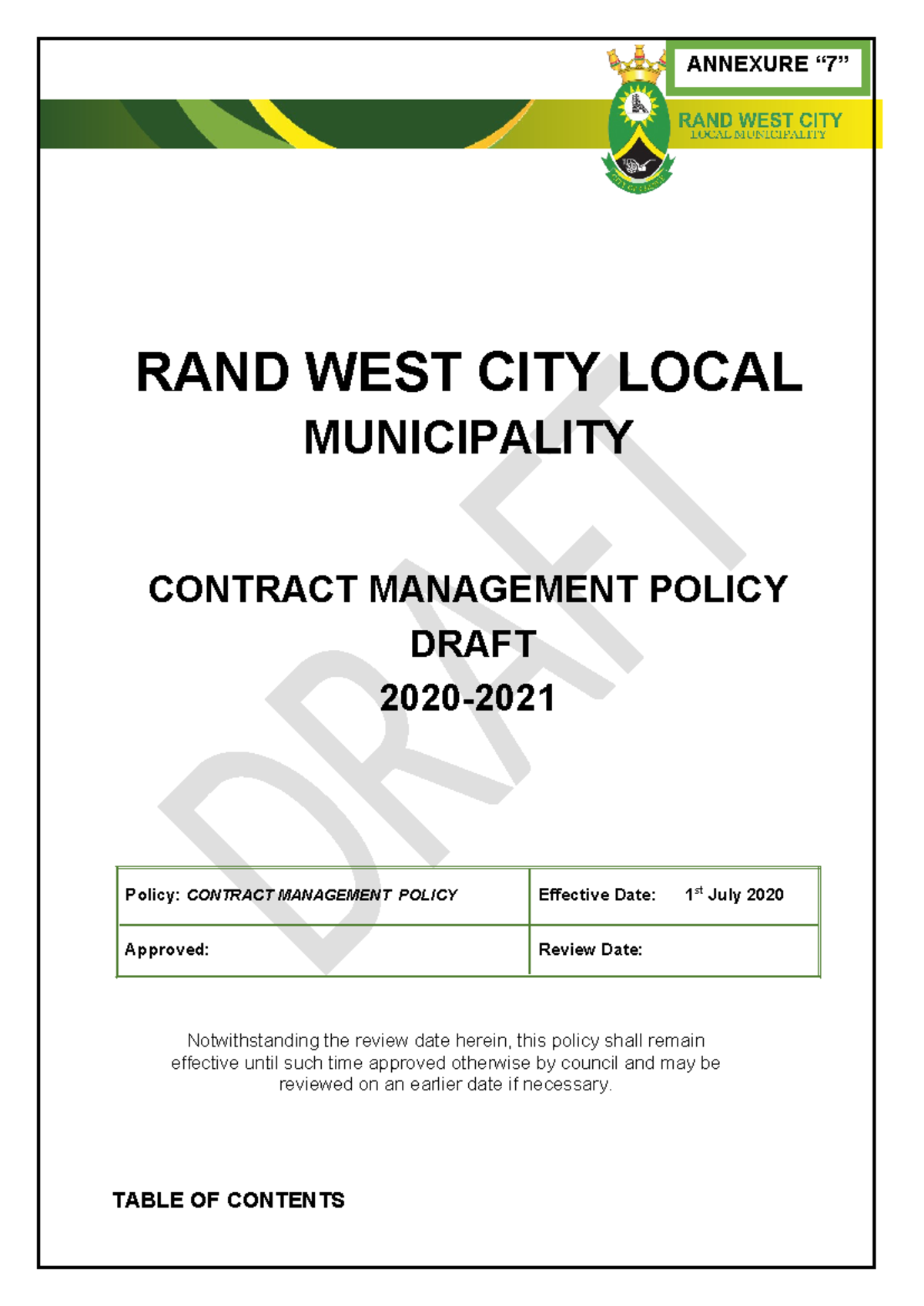 Rand West Local Municipality Contract Management Policy 2020-21 Draft ...