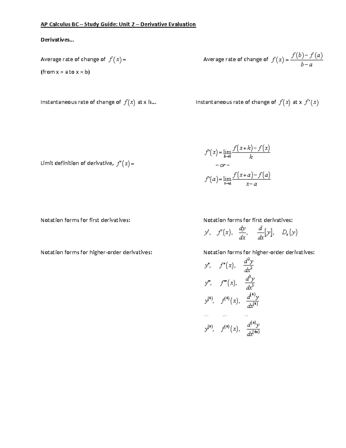 Apcalcbc study guide Unit3 Derivative Applications - AP Calculus BC ...