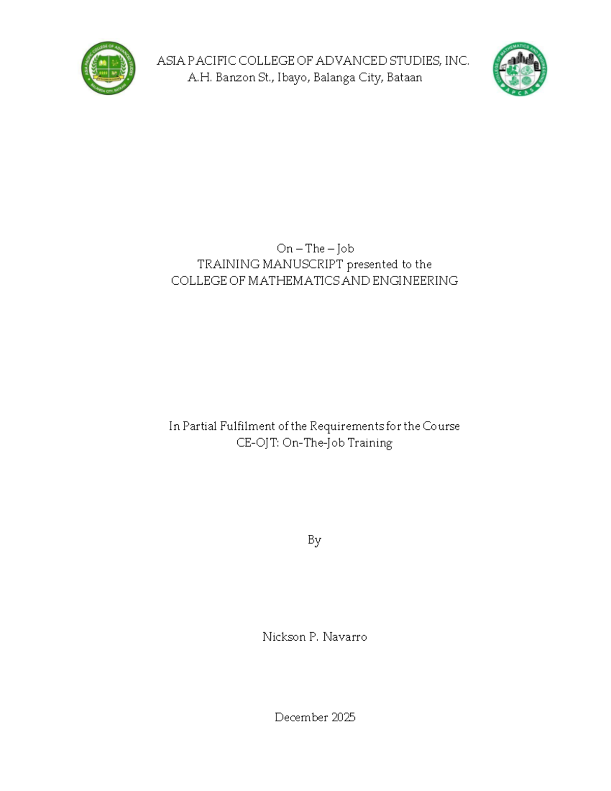 OJT Training Manuscript for Course Training - Nickson P. Navarro - Studocu