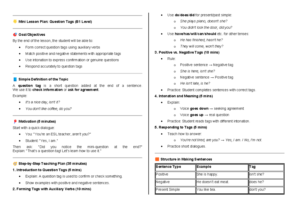 Mini Lesson Plan: Question Tags & Norse Mythology (B1 Level) - Studocu