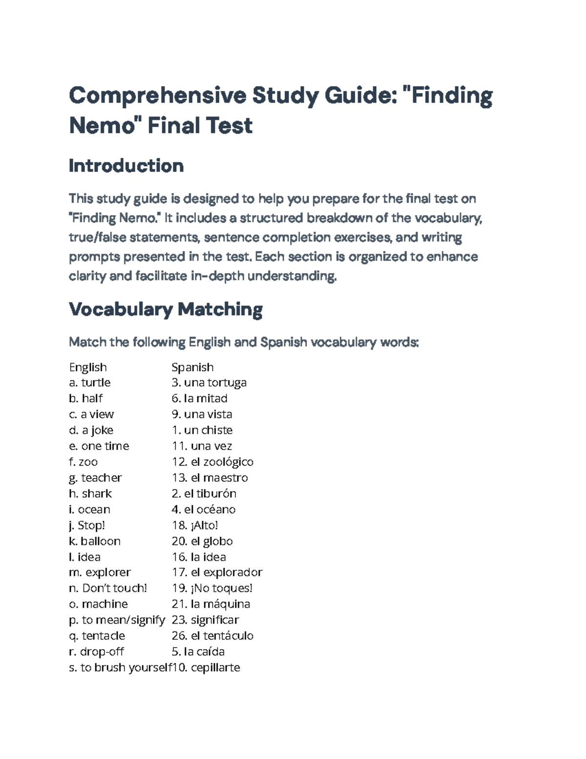 Finding Nemo Final Test Study Guide and Preparation Materials ...