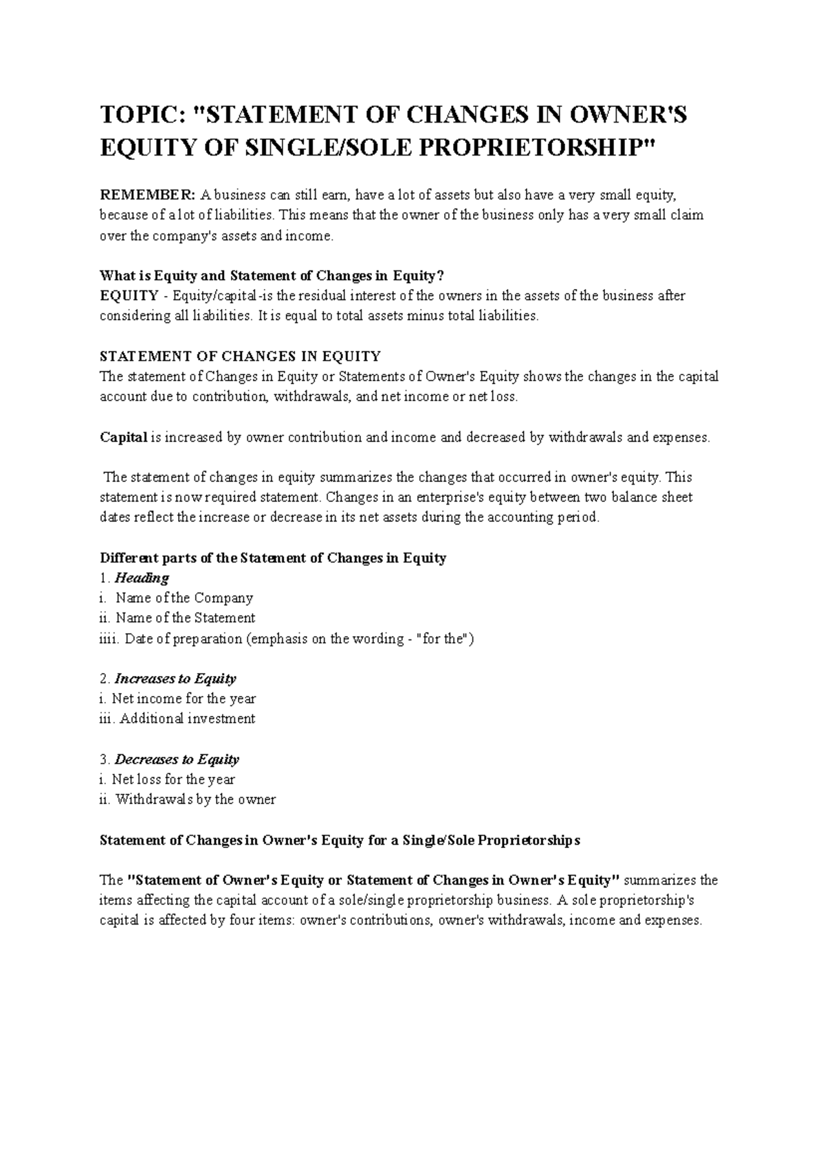 Statement of changes in owner's equity - TOPIC: "STATEMENT OF CHANGES ...