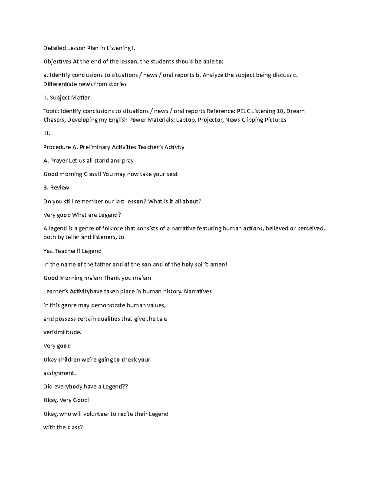 Listening I - Detailed Lesson Plan for Conclusion Analysis - Studocu