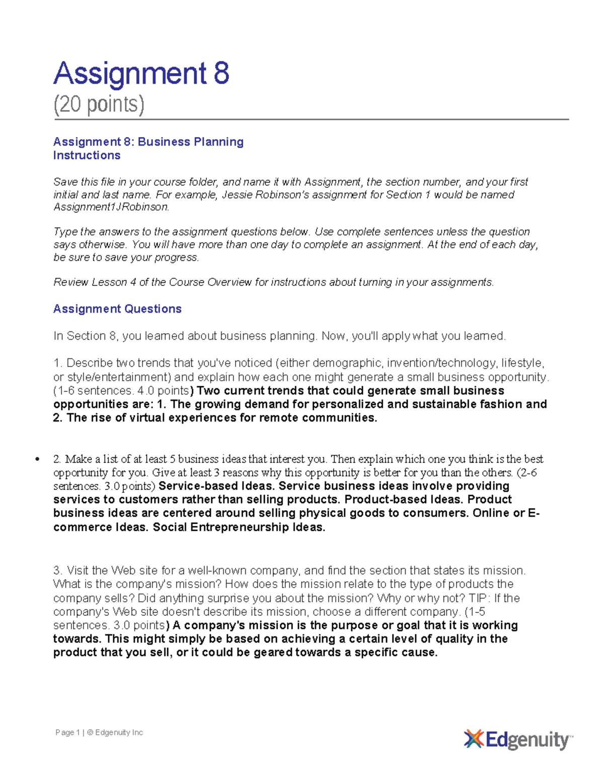 Assignment 8: Business Planning Insights - EL5732 - Studocu