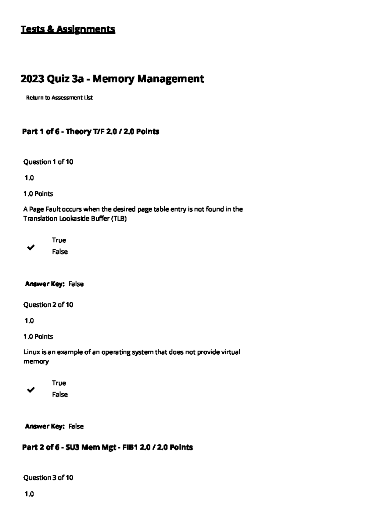 Quiz 3 - Memory Management Answers & Key Points - Studocu