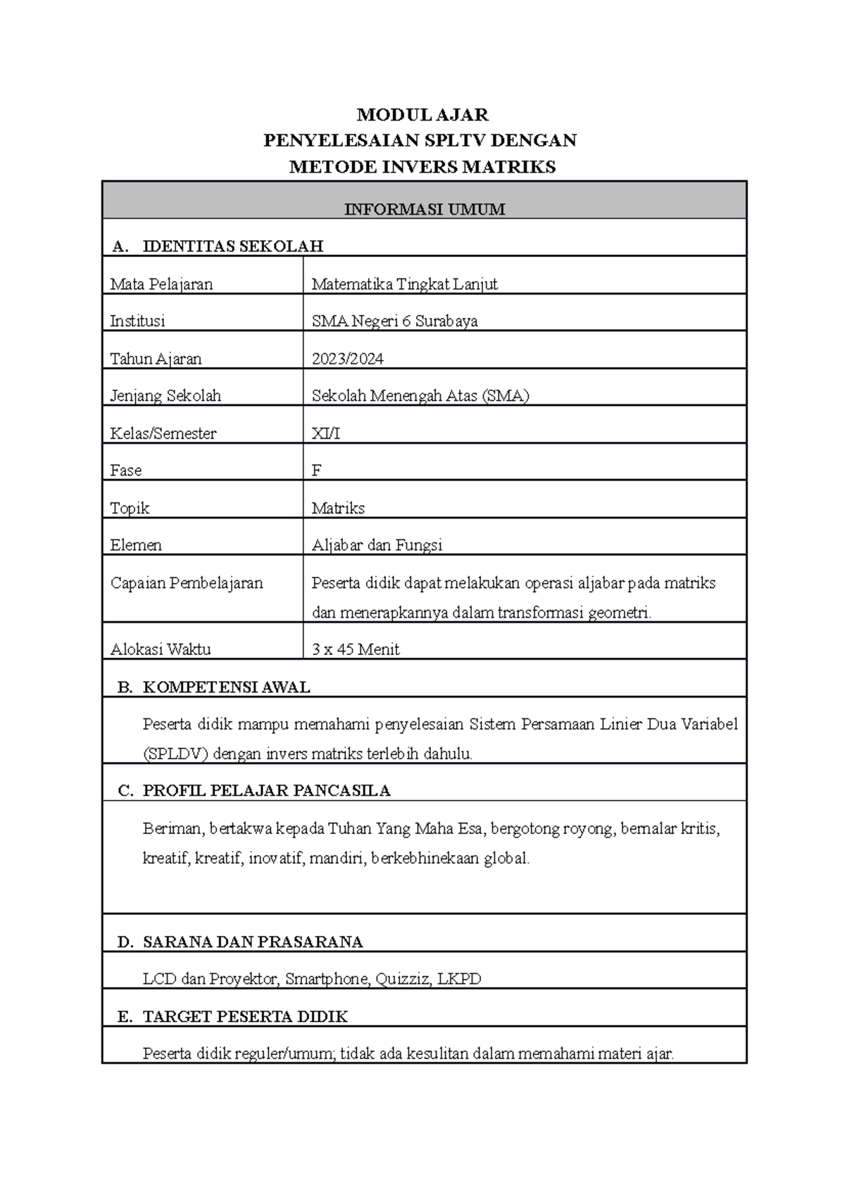 Modul Ajar SPLTV Invers Matrik untuk Kelas XI SMA Tingkat Lanjut - Studocu